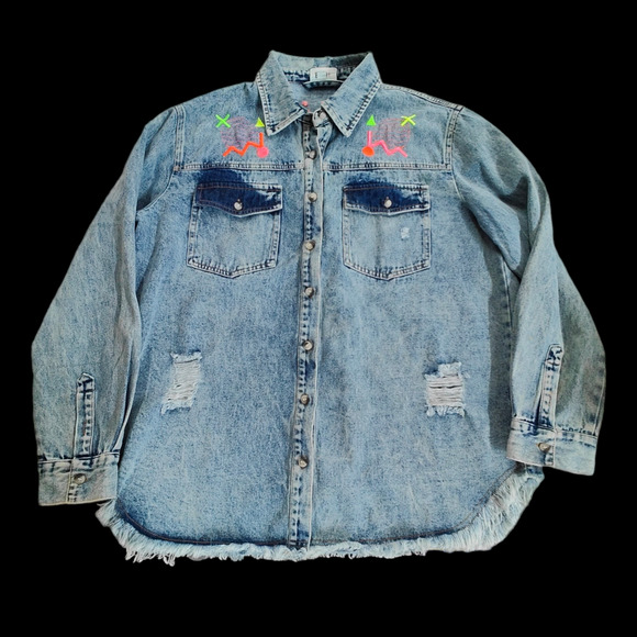 BiBi | Tops | One Of A Kind 8s Style Embroidered Bibi Destressed Denim ...